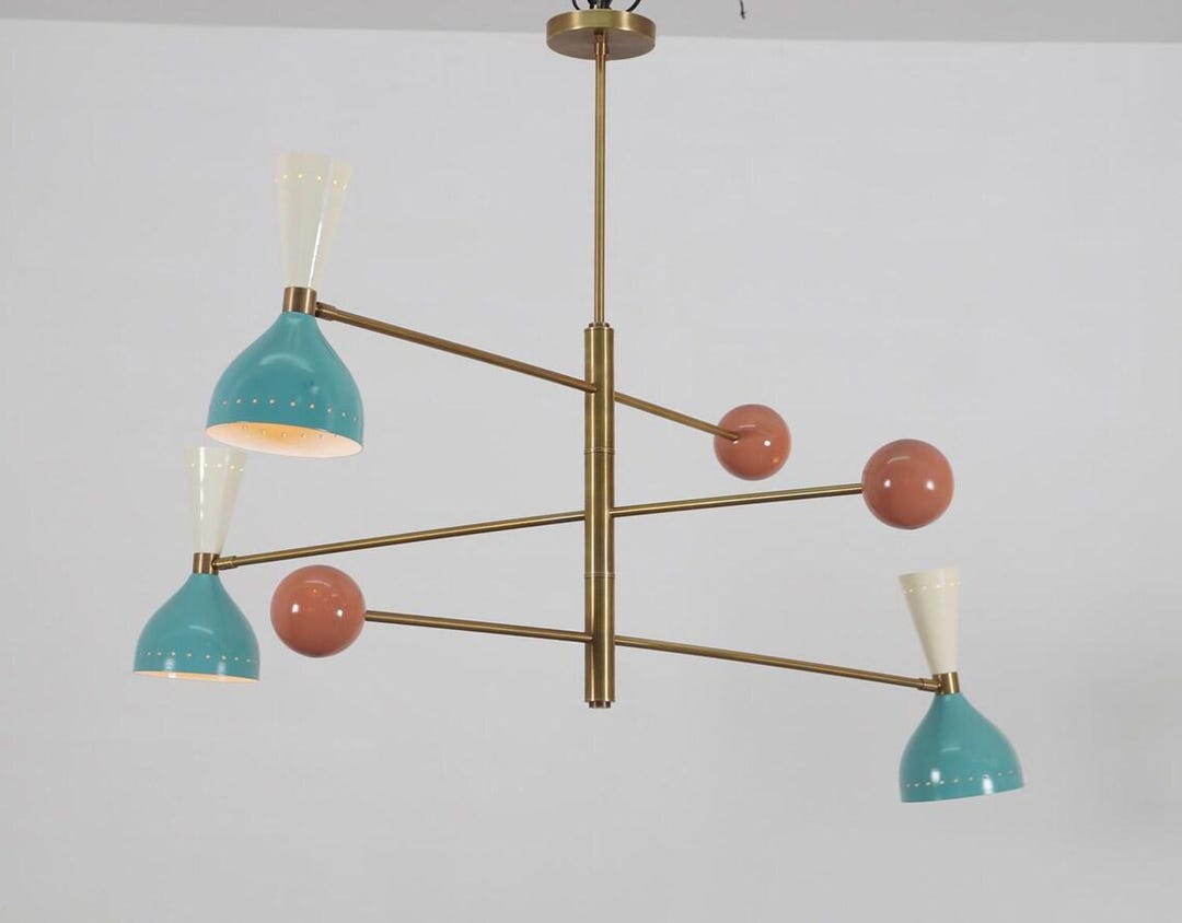 Mid Century Modern Chandelier, Brass Sputnik Pendant Light With Teal ...