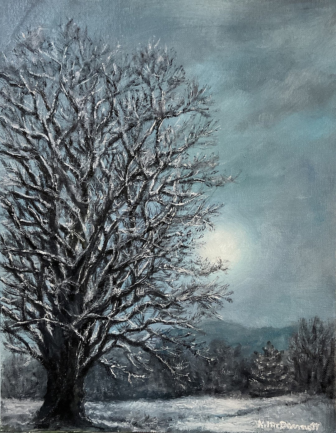SNOW MOON Original Framed 14X11 Inch Oil Snowscape Painting by K ...
