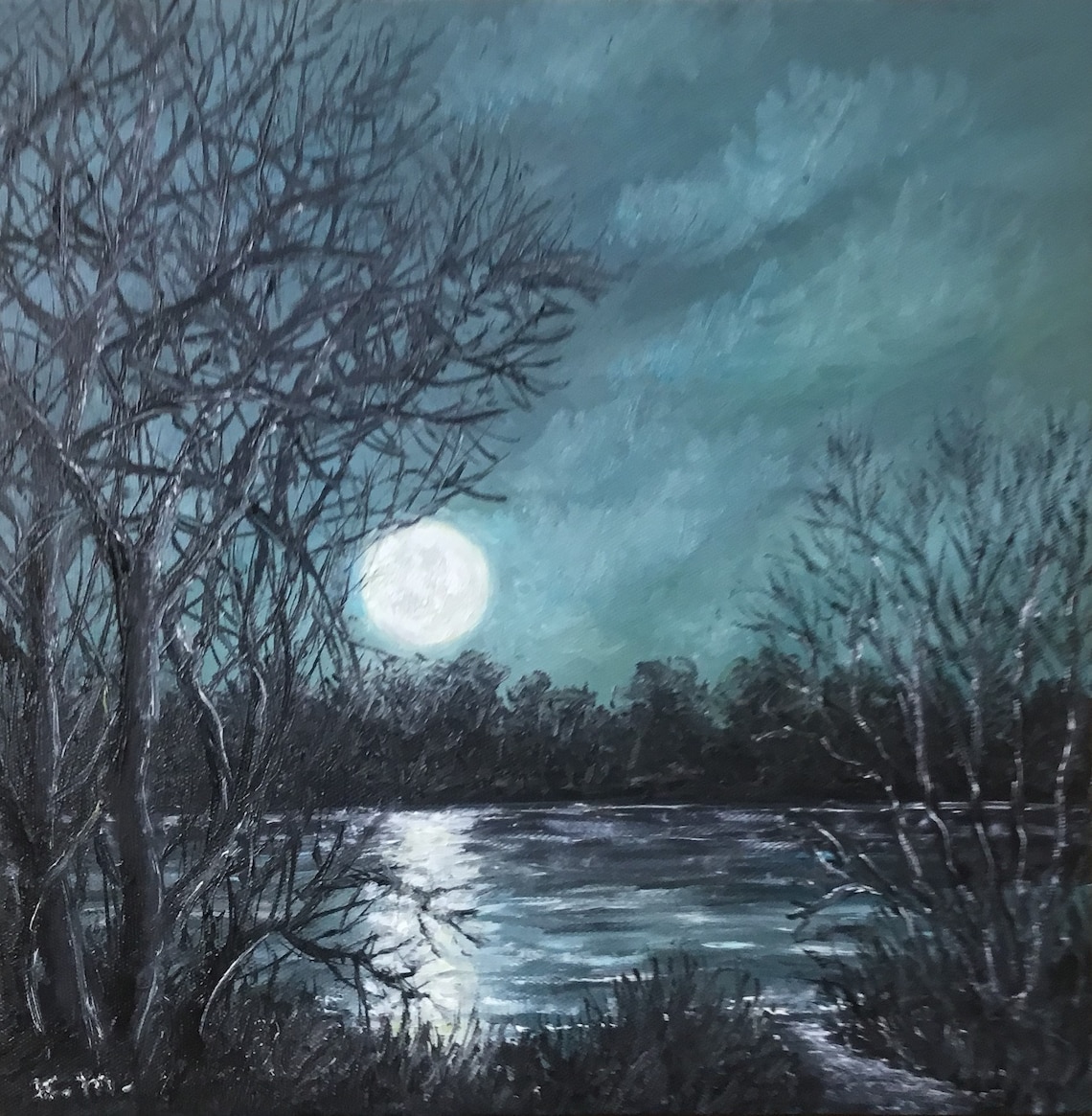 MOON SPARKLE, Original Unframed Oil Moonrise Painting by K. Mcdermott ...