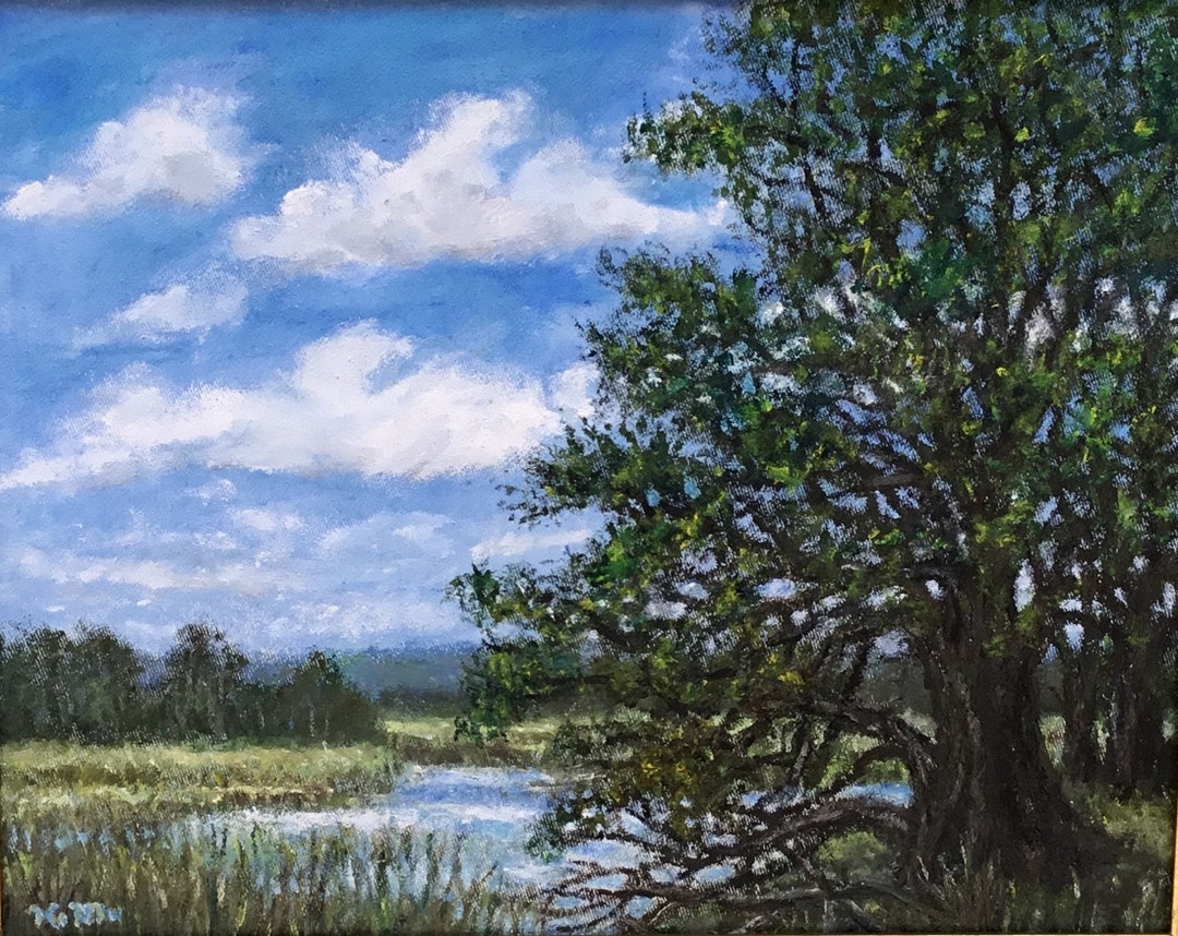 MARSH OAKS - Original Framed Oil Marsh Landscape by K. Mcdermott, Blue ...