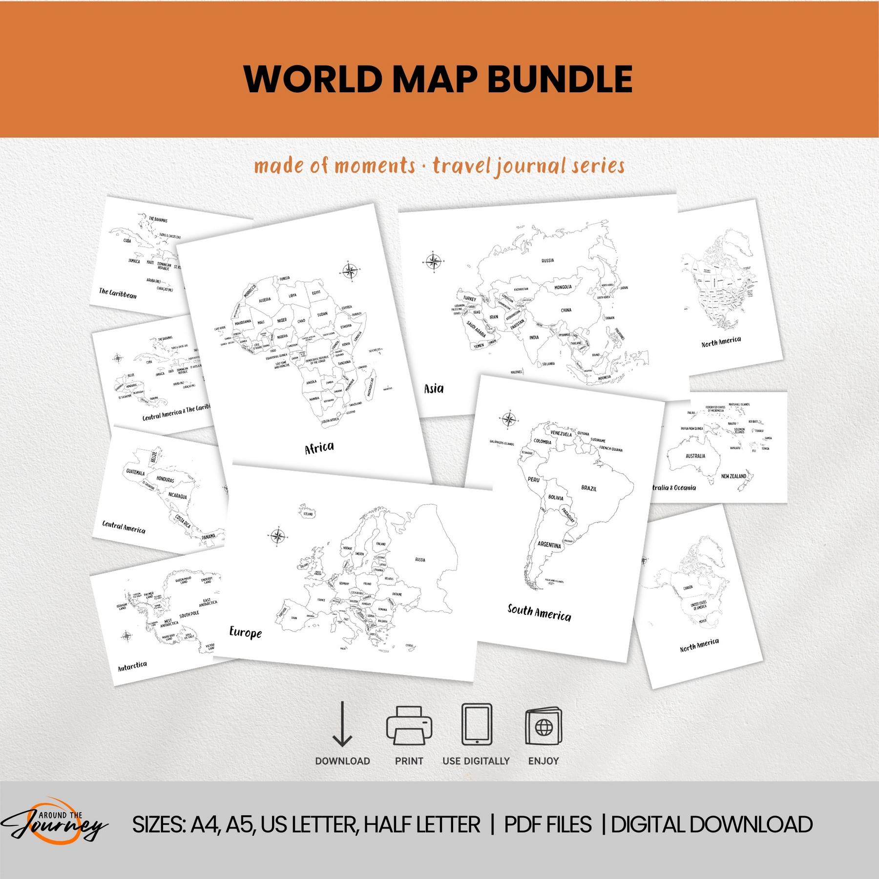 World Map Bundle - Labeled Continent Maps - Travel Planner Insert ...