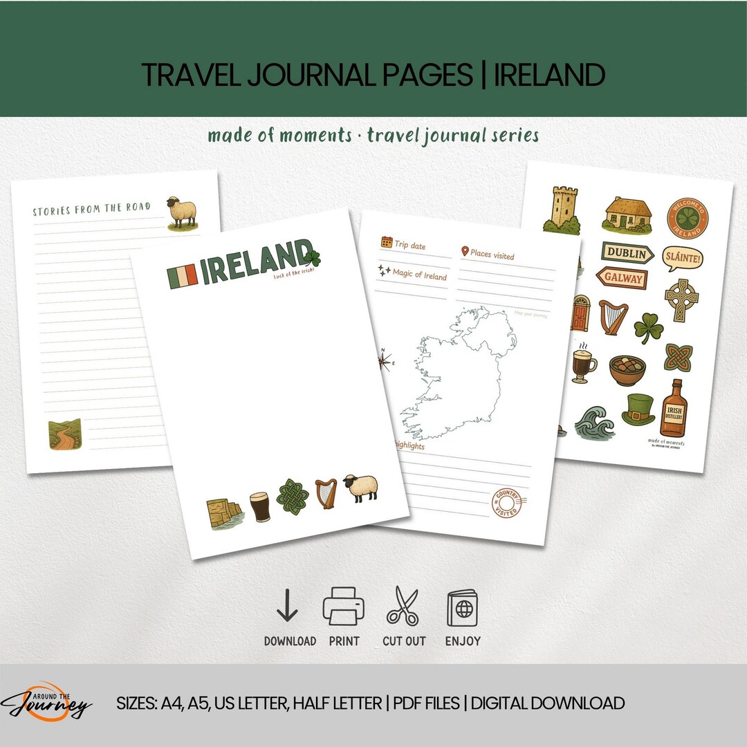 Ireland Travel Journal Printable Kit – Travel Book Pages & Stickers ...