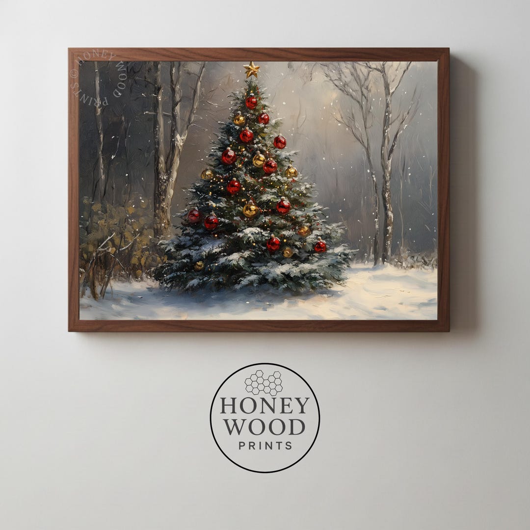 Printable Frosted Evergreen Tree With Red and Gold Baubles - Festive ...