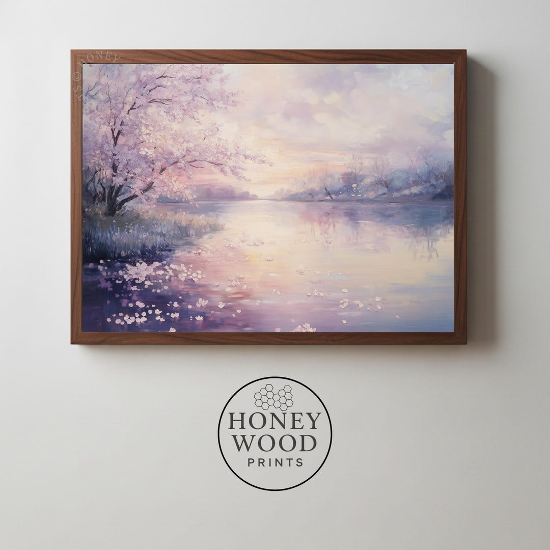 Cherry Blossom Tree Over Quiet River - Serene Landscape Painting ...