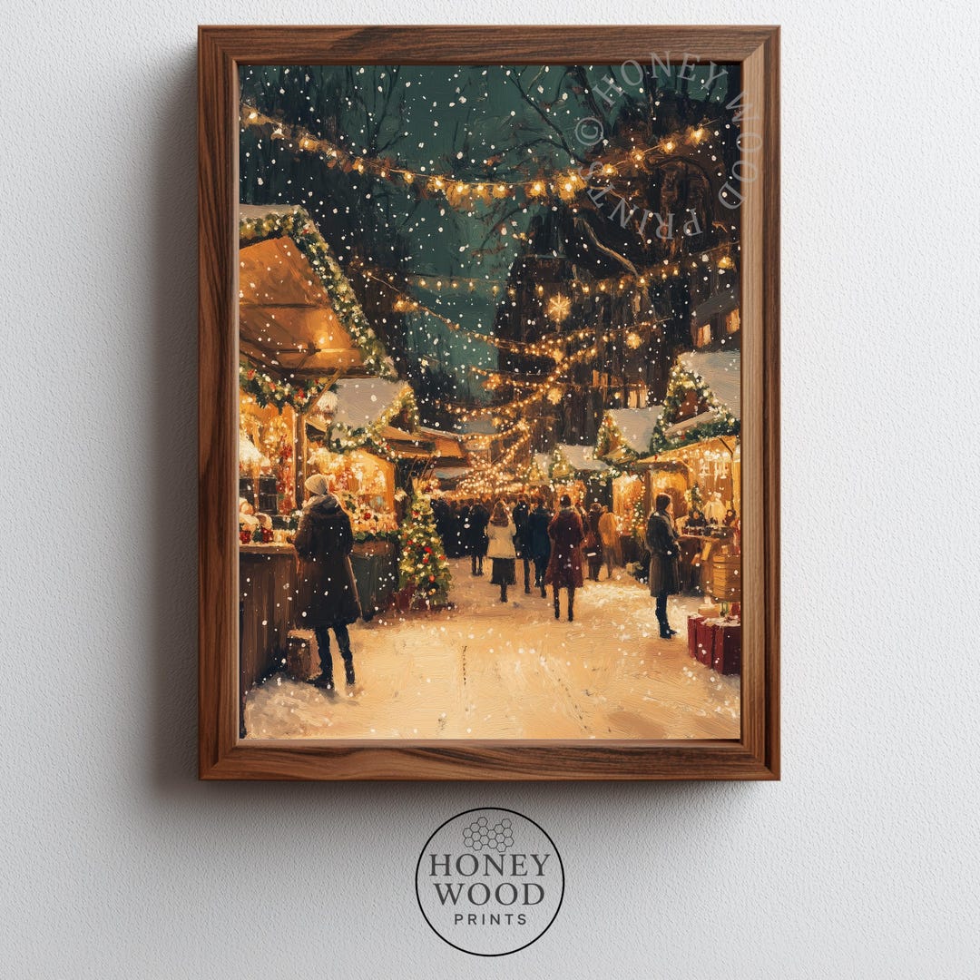 Rustic Christmas Market at Night Printable Art - Cozy Holiday Scene ...