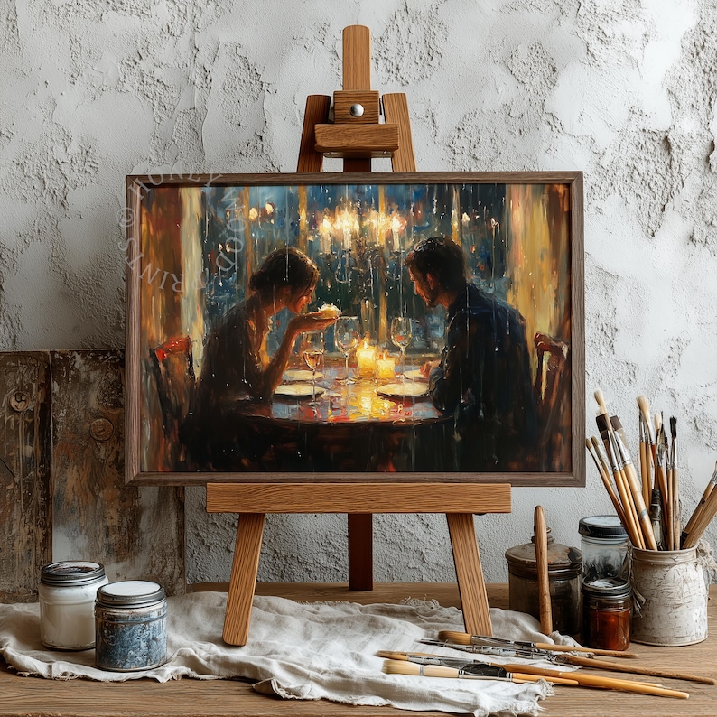 Romantic Candlelit Dinner Scene, Moody Vintage Wall Art, Cozy Intimate ...