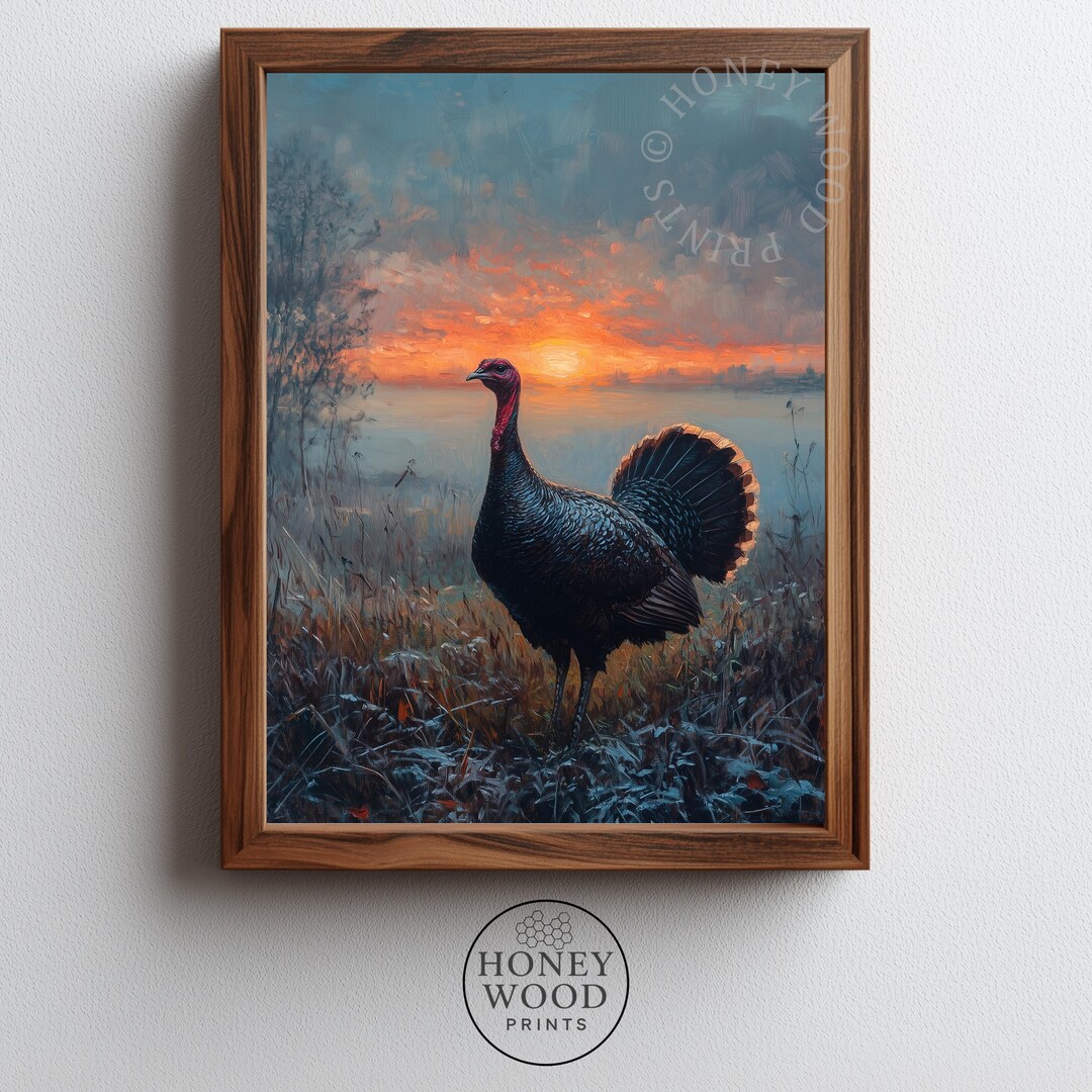 Wild Turkey Wall Art, Moody Rustic Sunrise Painting - Fanned Tail ...