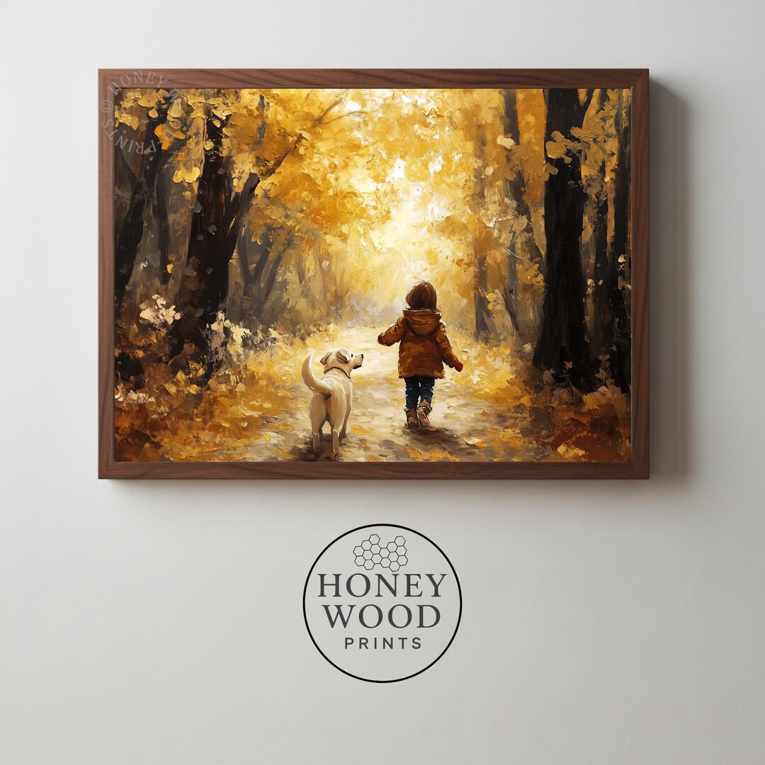 Rustic Fall Walk Printable - Child and Dog in a Forest Path, Autumn ...