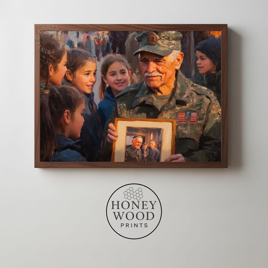 World War II Veteran and Children Painting - Vintage Patriotic Scene ...