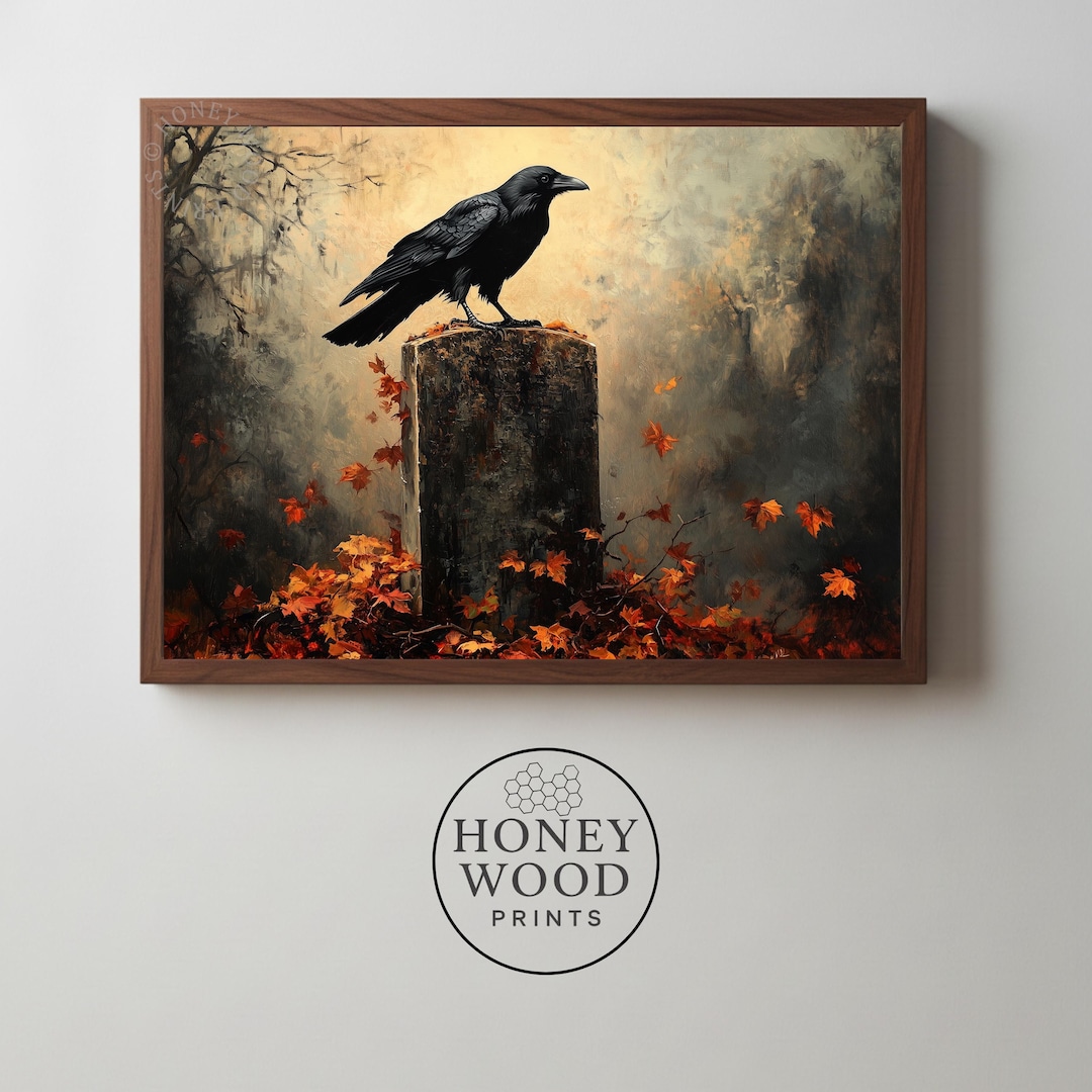 Printable Gothic Raven on Gravestone Painting - Moody Autumn Cemetery ...