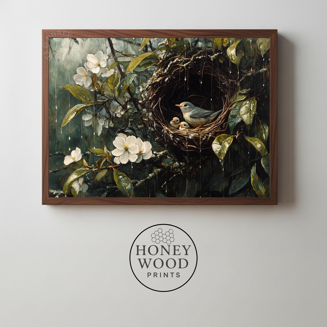 Robin Nest Painting - Rustic Serene Cottagecore Bird Art With Blossoms ...