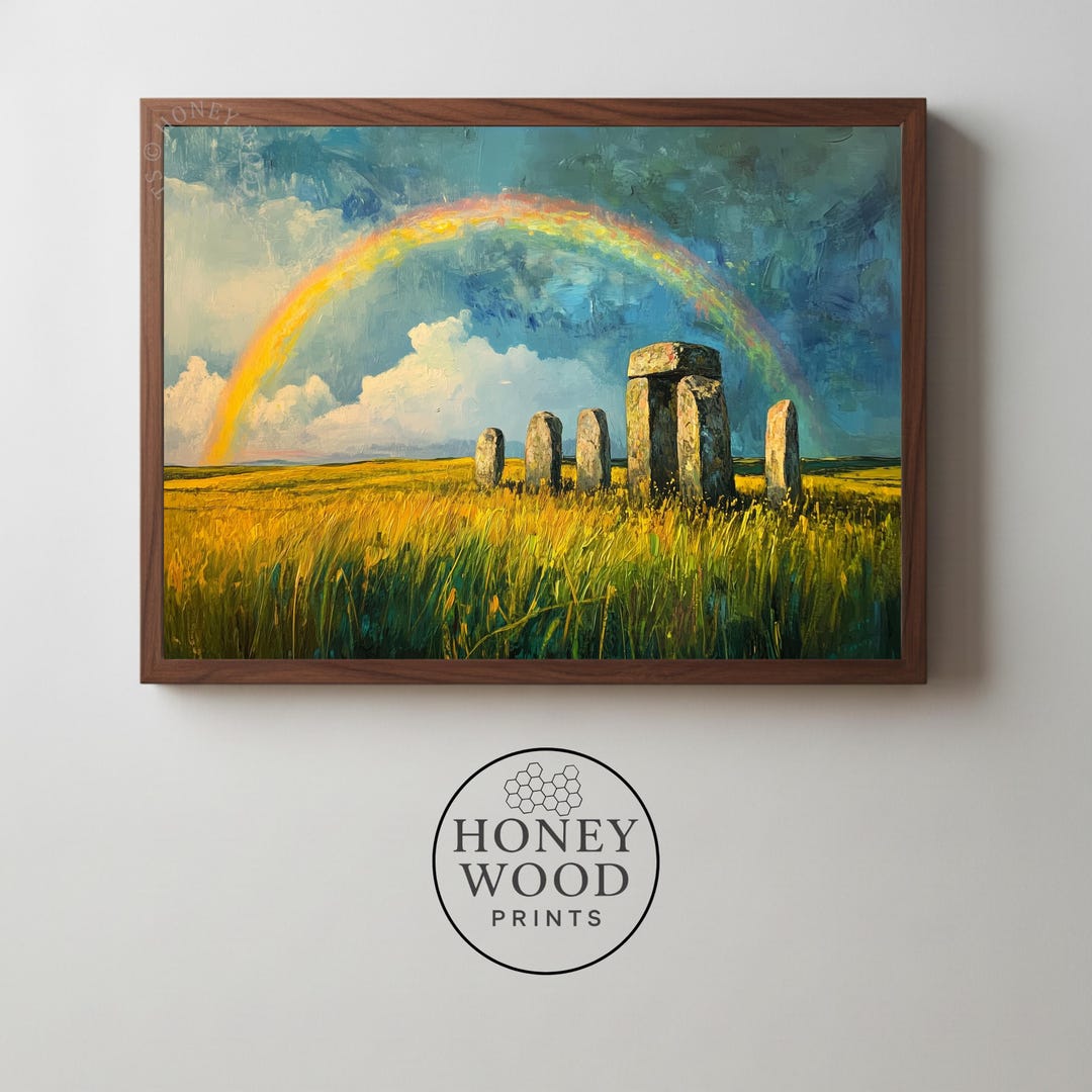 Vintage Standing Stones With Rainbow - Dramatic Pastoral Landscape Art ...