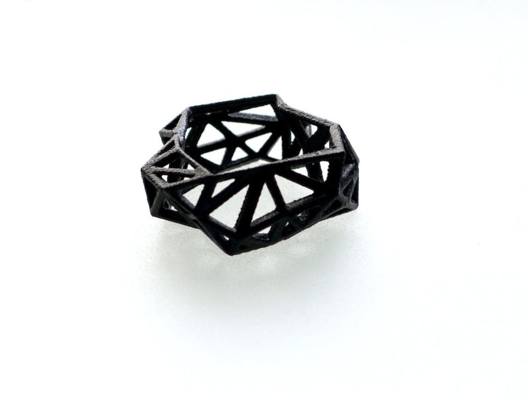 3D Printed Geometric Ring - Triangulated Ring in Black. Triangle ...