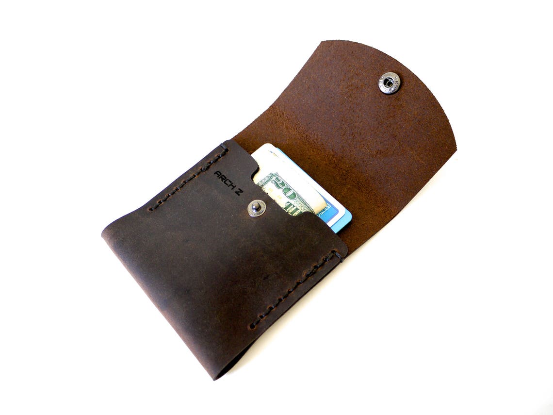 Personalized Minimal Snap Wallet in Brown Distressed Leather | Etsy