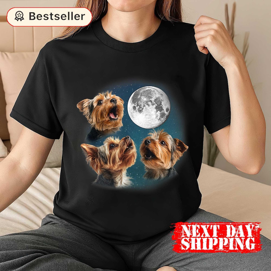 Three Yorkshire Terriers Moon Howling Tee, Retro Vintage Yorkie Dog ...