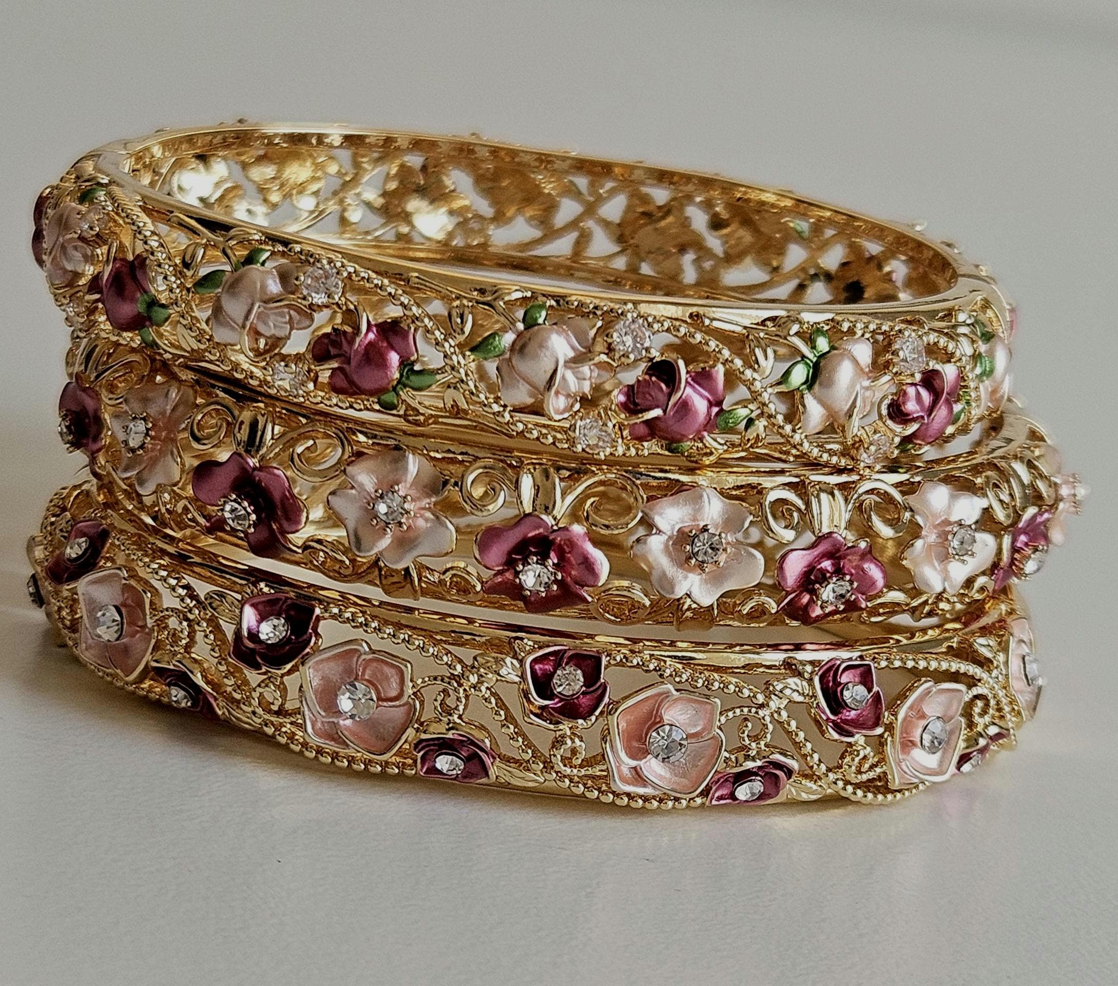 Floral Rose Gold Bangle | Enamel Flower Bracelet | Elegant Vintage ...