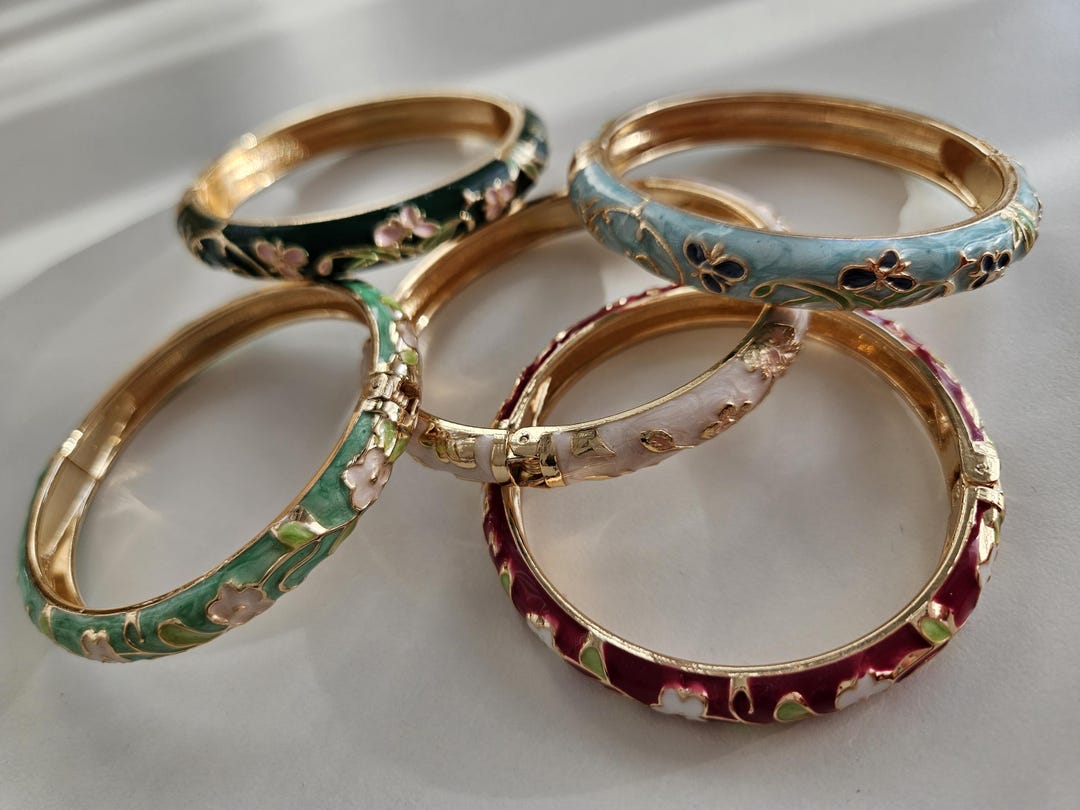 Vintage Floral Enamel Bangle Bracelet | Gold Tone Hinged Design - Etsy