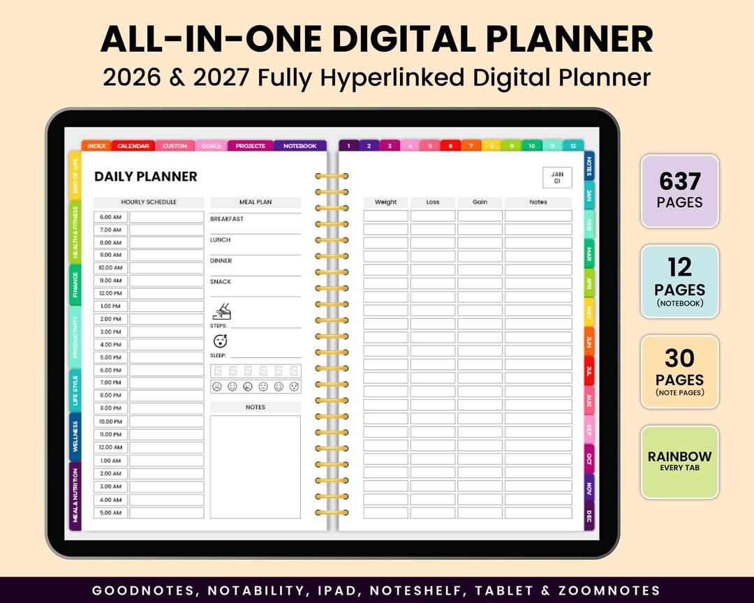 2026 Digital Planner | Hyperlinked Rainbow Tabs for Goodnotes (PDF) - Etsy