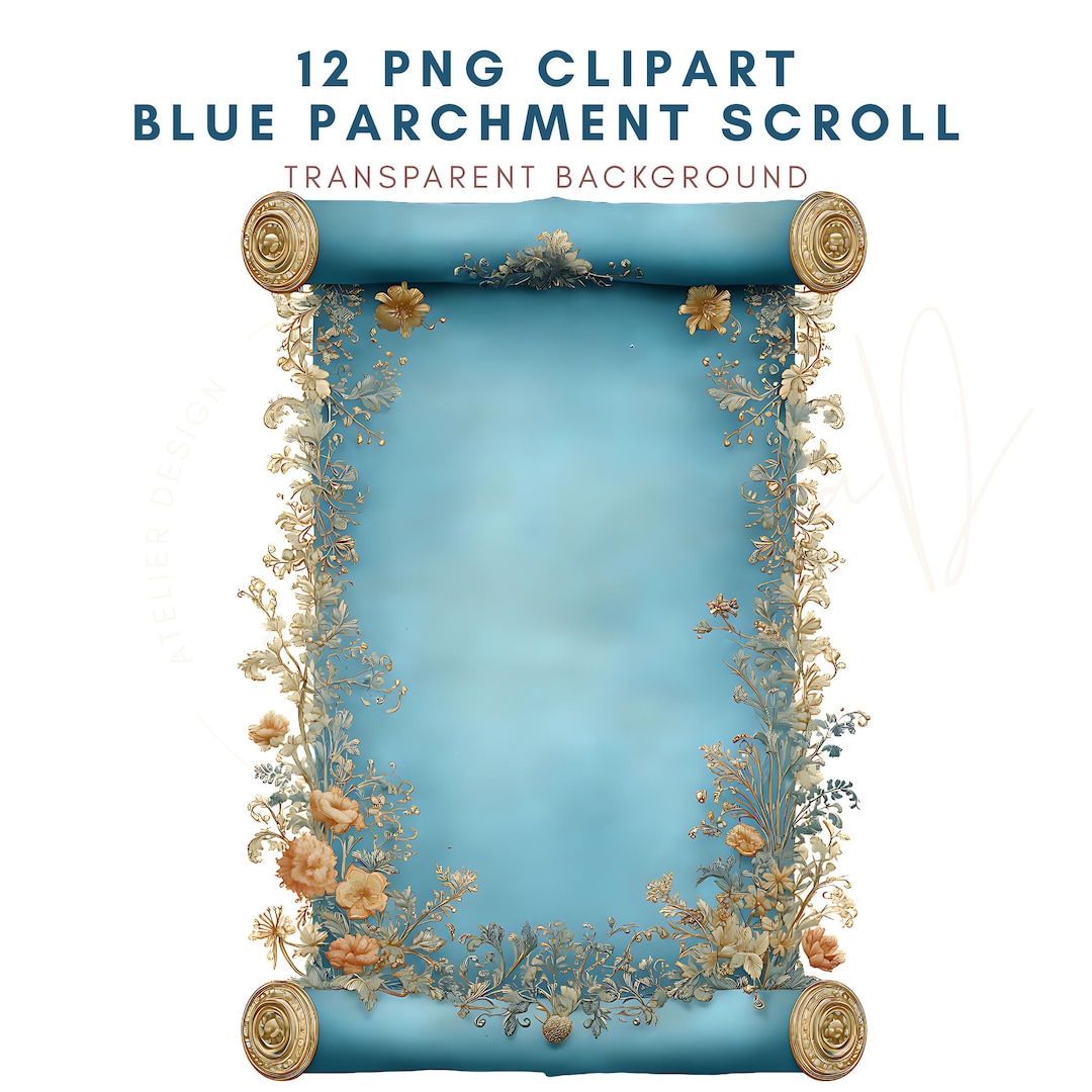 12 Medieval Scroll Clipart, Vintage Blue Scroll, Printable Watercolor ...