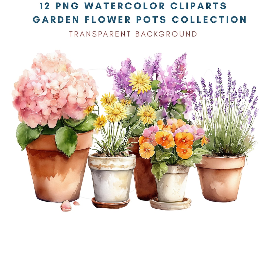 12 Garden Flower Pots Clipart Set, Floral, Printable Watercolor Clipart ...