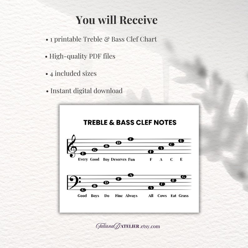 Piano Notes Chart With Mnemonics, Treble and Bass Clef Poster, Music ...