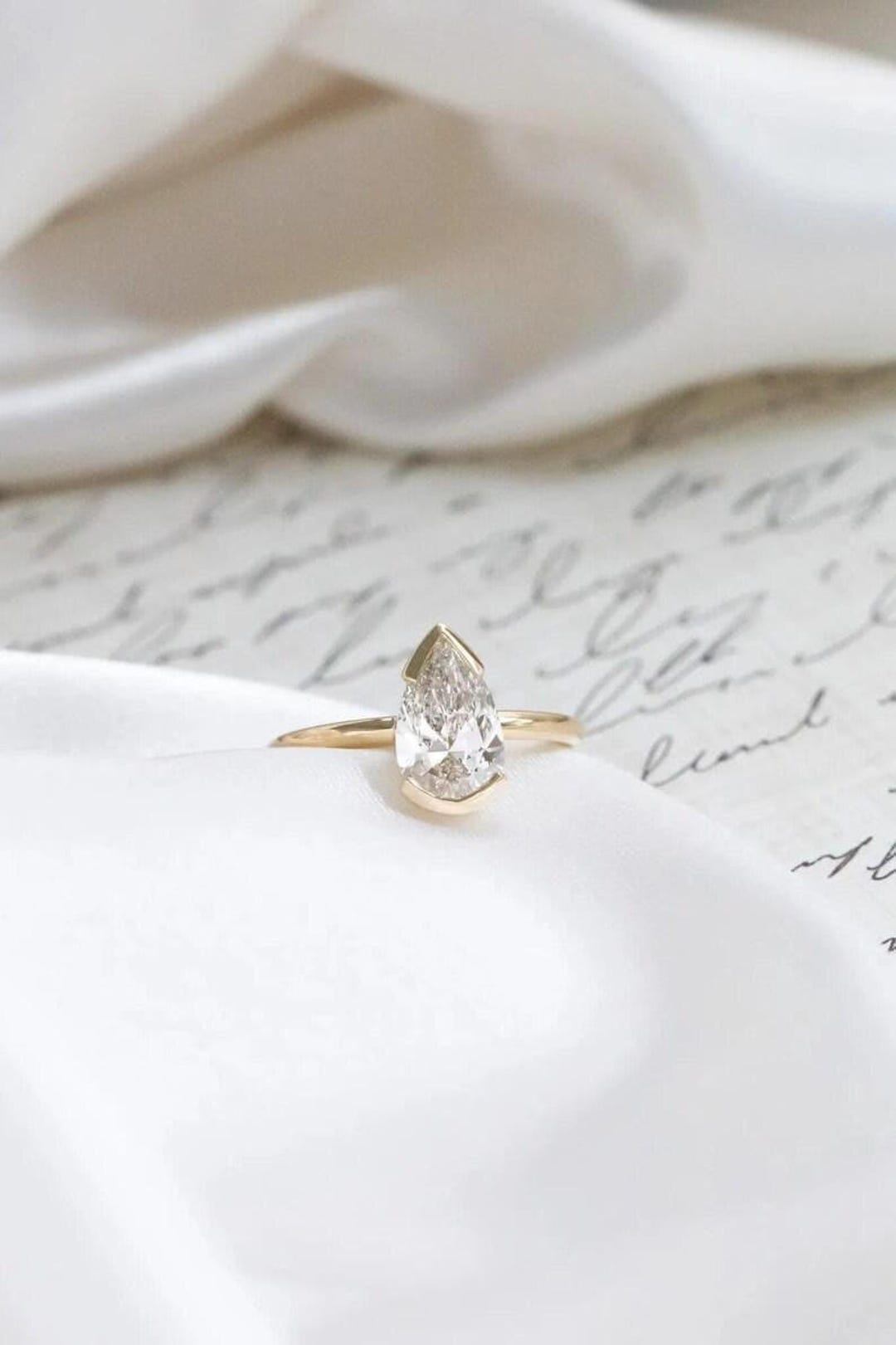 Pear Cut Moissanite Engagement Ring, Half Bezel Set Pear Moissanite ...