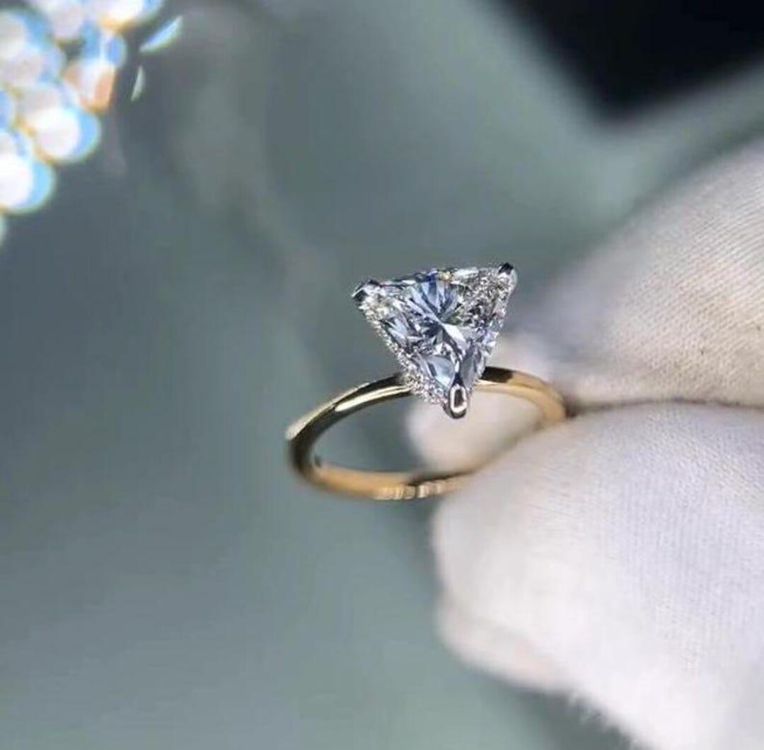 Trillion Cut Moissanite Engagement Ring, Hidden Halo Solitaire Ring ...