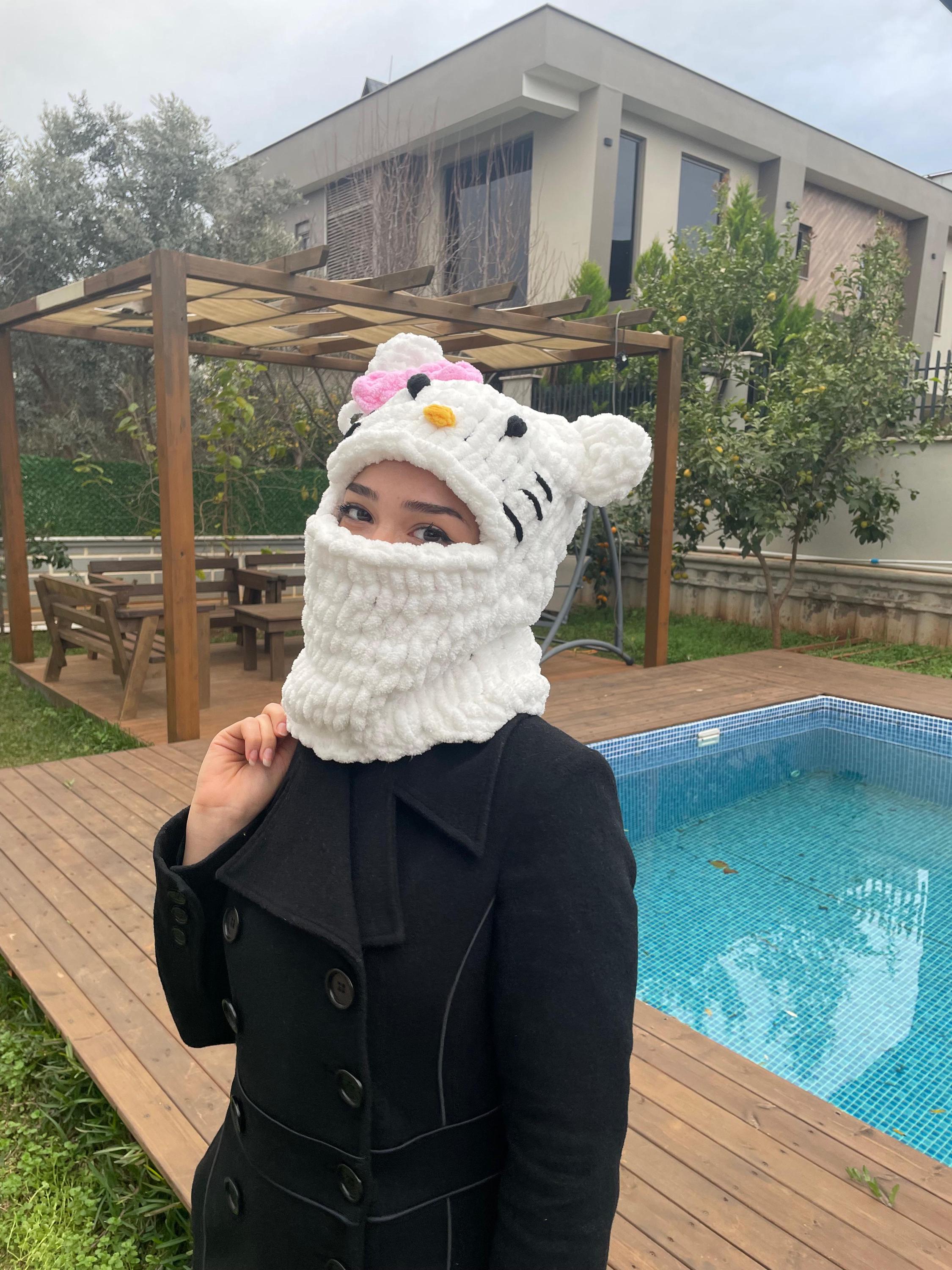 Chunky Knit Kawaii Cat Balaclava With Pink Bow, White Fluffy Kitten Hat ...