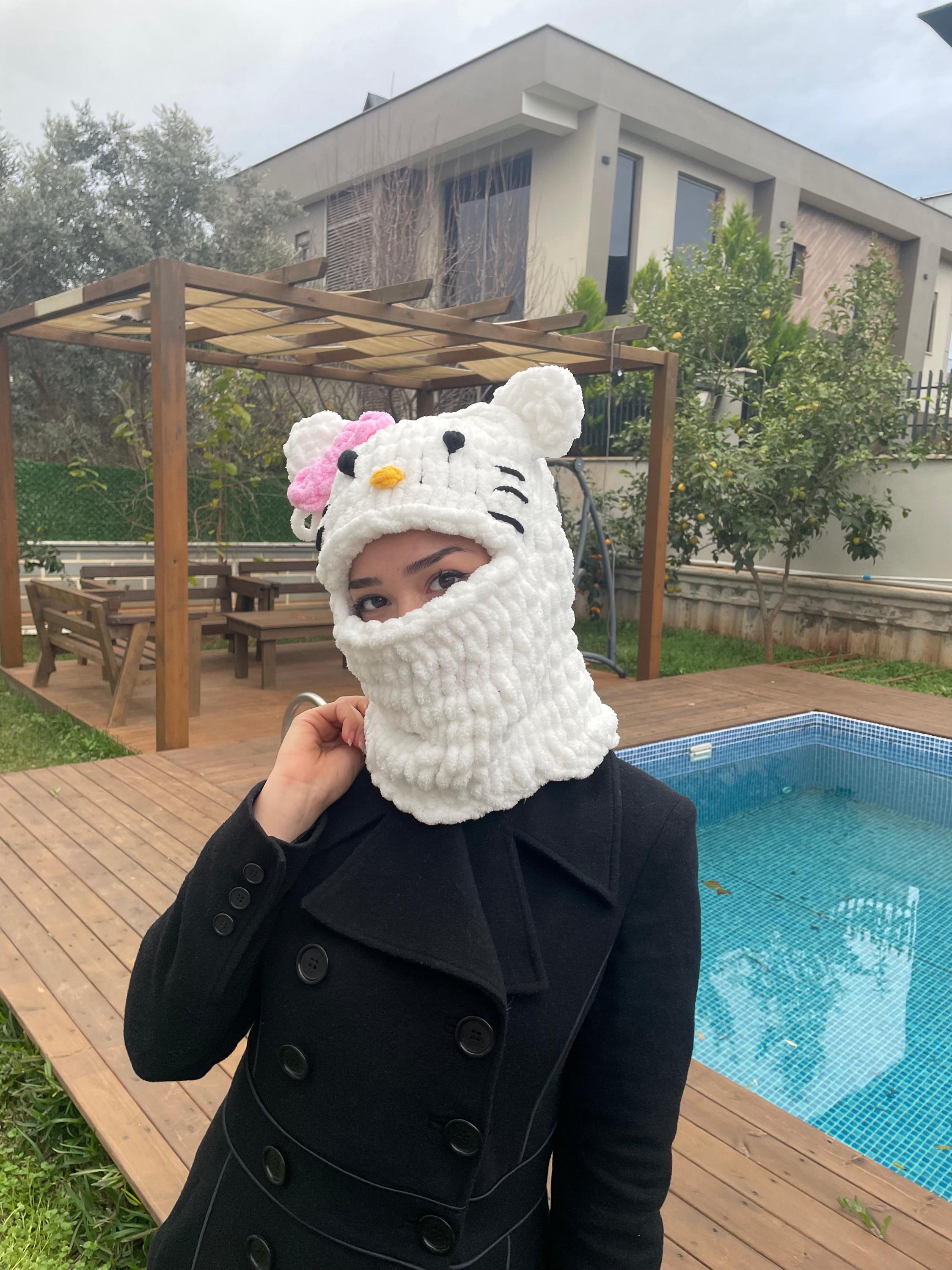 Chunky Knit Kawaii Cat Balaclava With Pink Bow, White Fluffy Kitten Hat ...