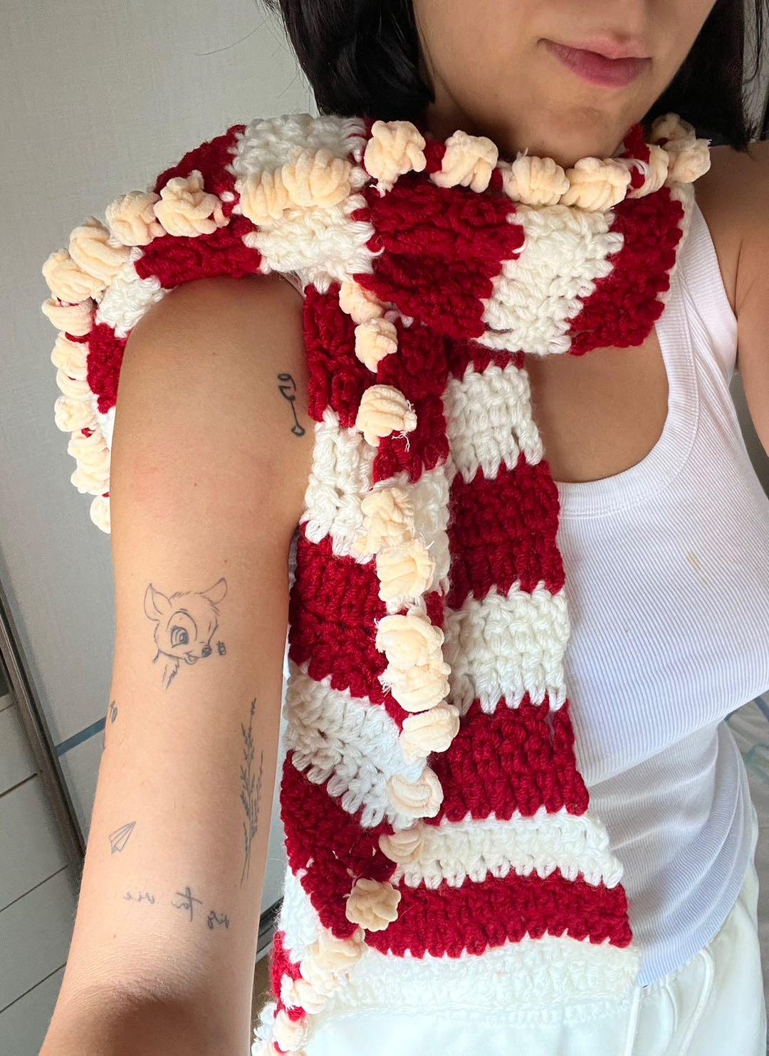 Popcorn Scarf, Crocheted Movie Night Scarf, Red White Striped Cozy ...