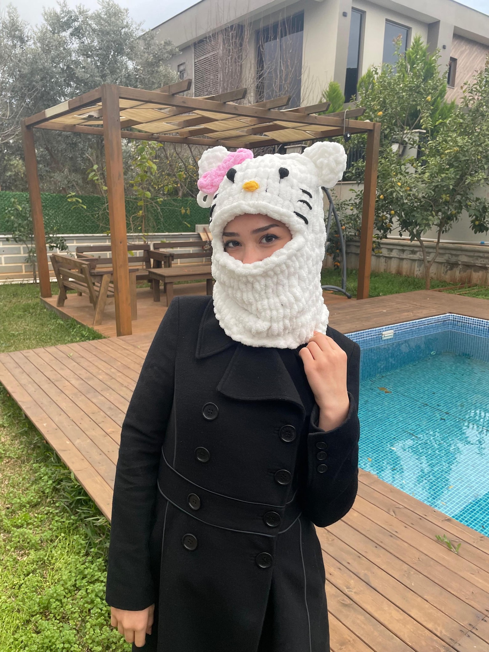 Chunky Knit Kawaii Cat Balaclava With Pink Bow, White Fluffy Kitten Hat ...