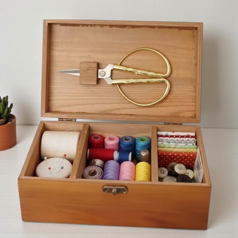Handcrafted Wooden Sewing Organizer – Lid Box for Craft Supplies ...