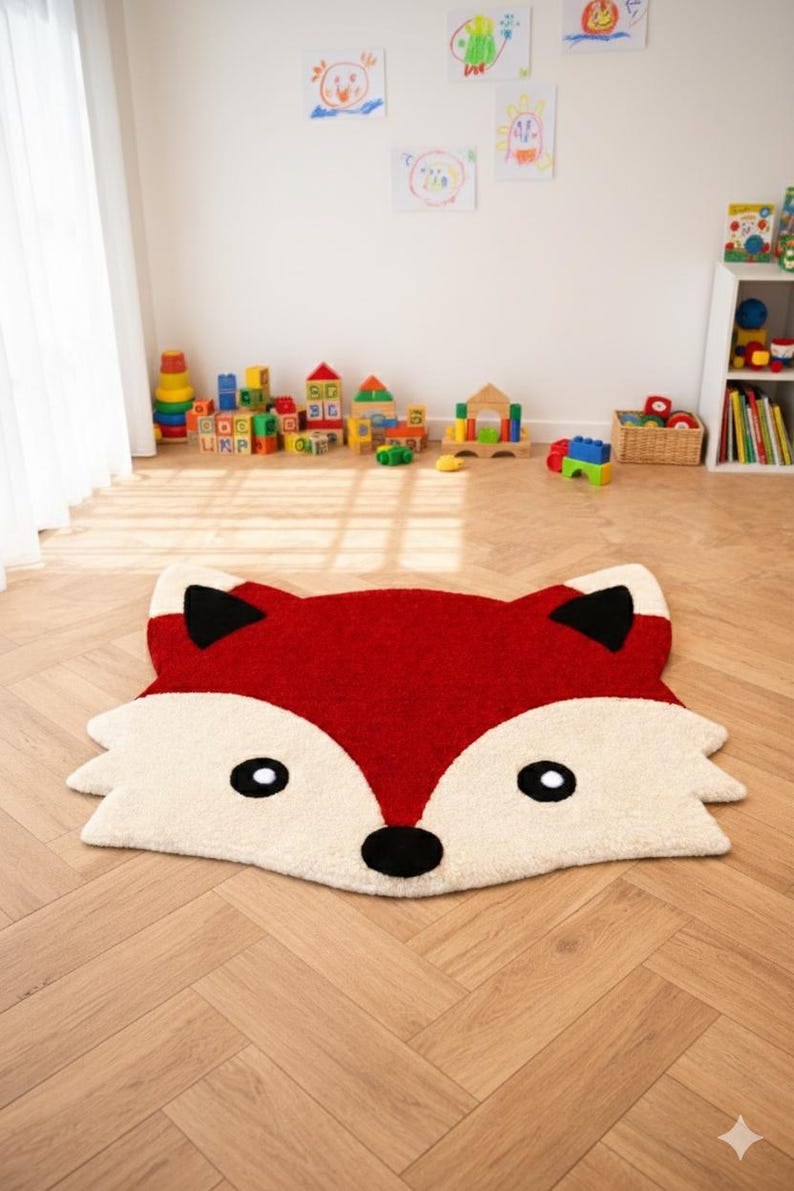 Fox Shaped Rug | Hand Tufted Wool Nursery Carpet | Kids Bedroom Decor ...