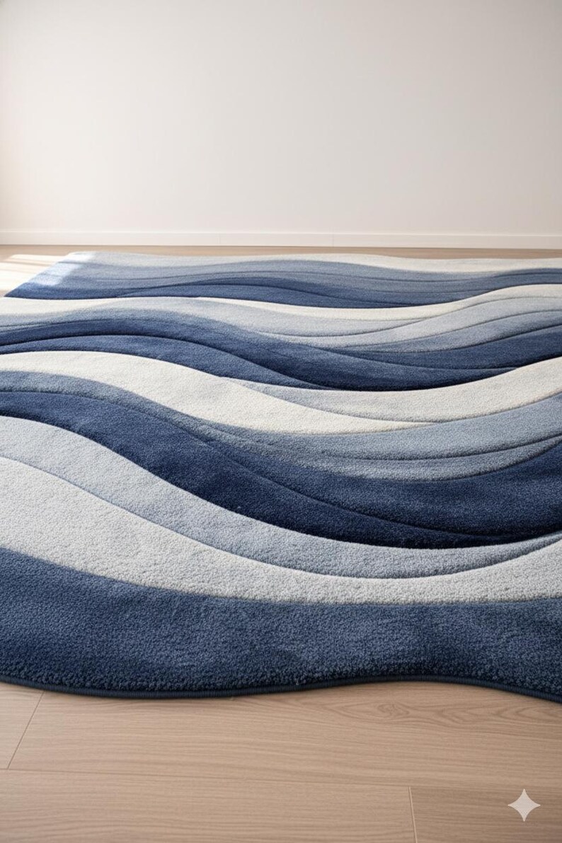 Blue Wave Area Rug | Hand Tufted 3D Carved Wool Carpet | Modern ...