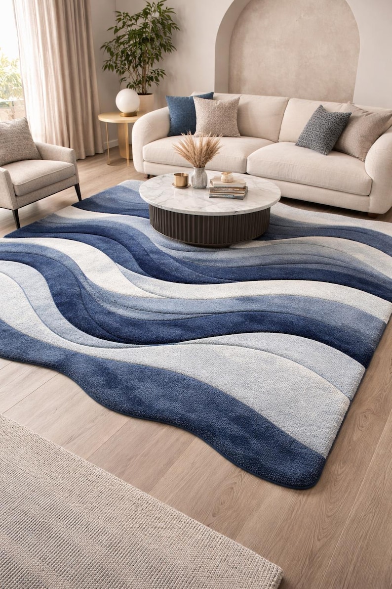 Blue Wave Area Rug | Hand Tufted 3D Carved Wool Carpet | Modern ...