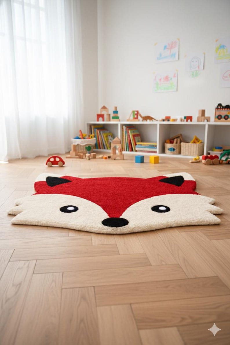 Fox Shaped Rug | Hand Tufted Wool Nursery Carpet | Kids Bedroom Decor ...