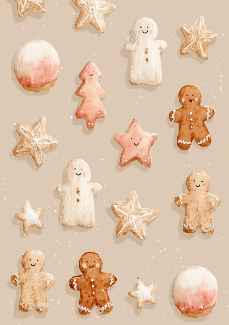 Gingerbread Man Christmas Print, Cookie Pattern Kitchen Art (digital ...