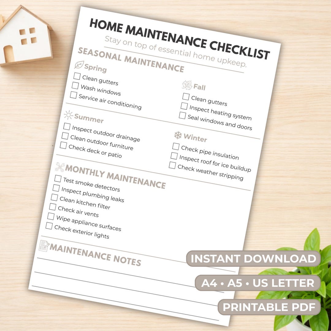 Home Maintenance Checklist Printable, Monthly & Seasonal House Upkeep ...