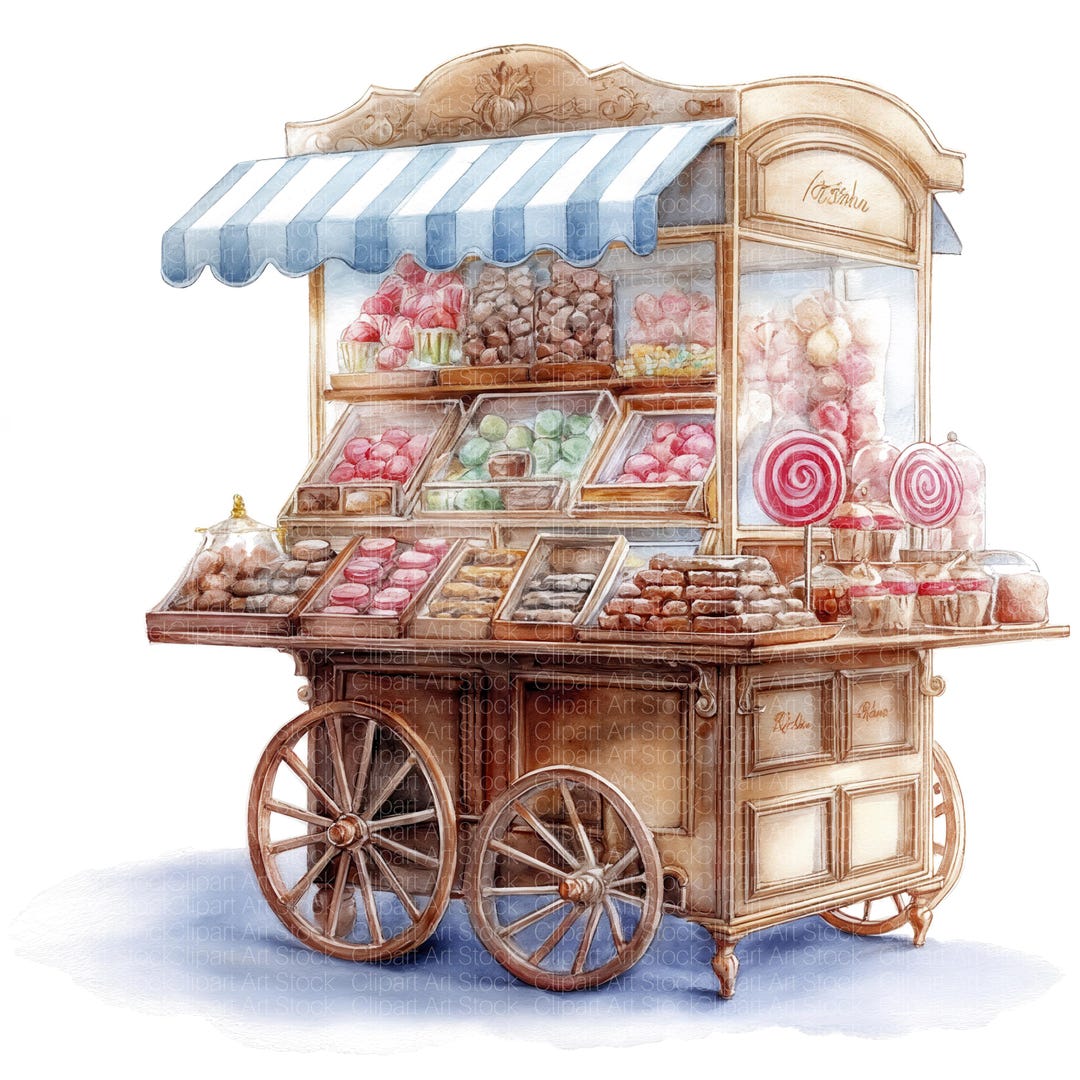 20 Watercolor Candy Cart Clipart | Vintage Sweet Wagon, Whimsical ...