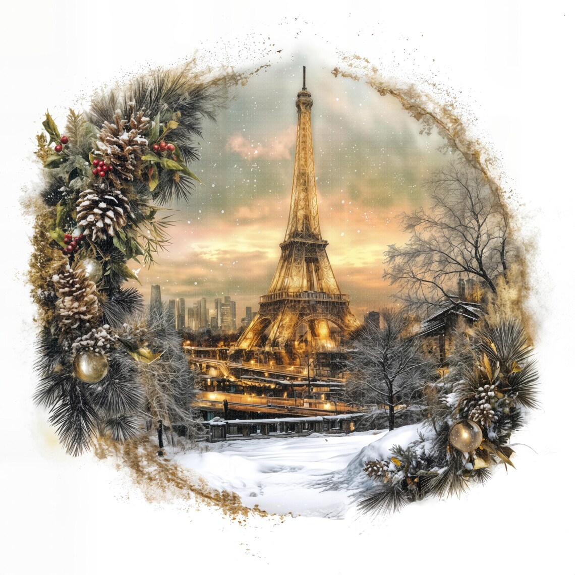 14 Clipart Noël à Paris | Cadres d'hiver Tour Eiffel et couronnes de ...