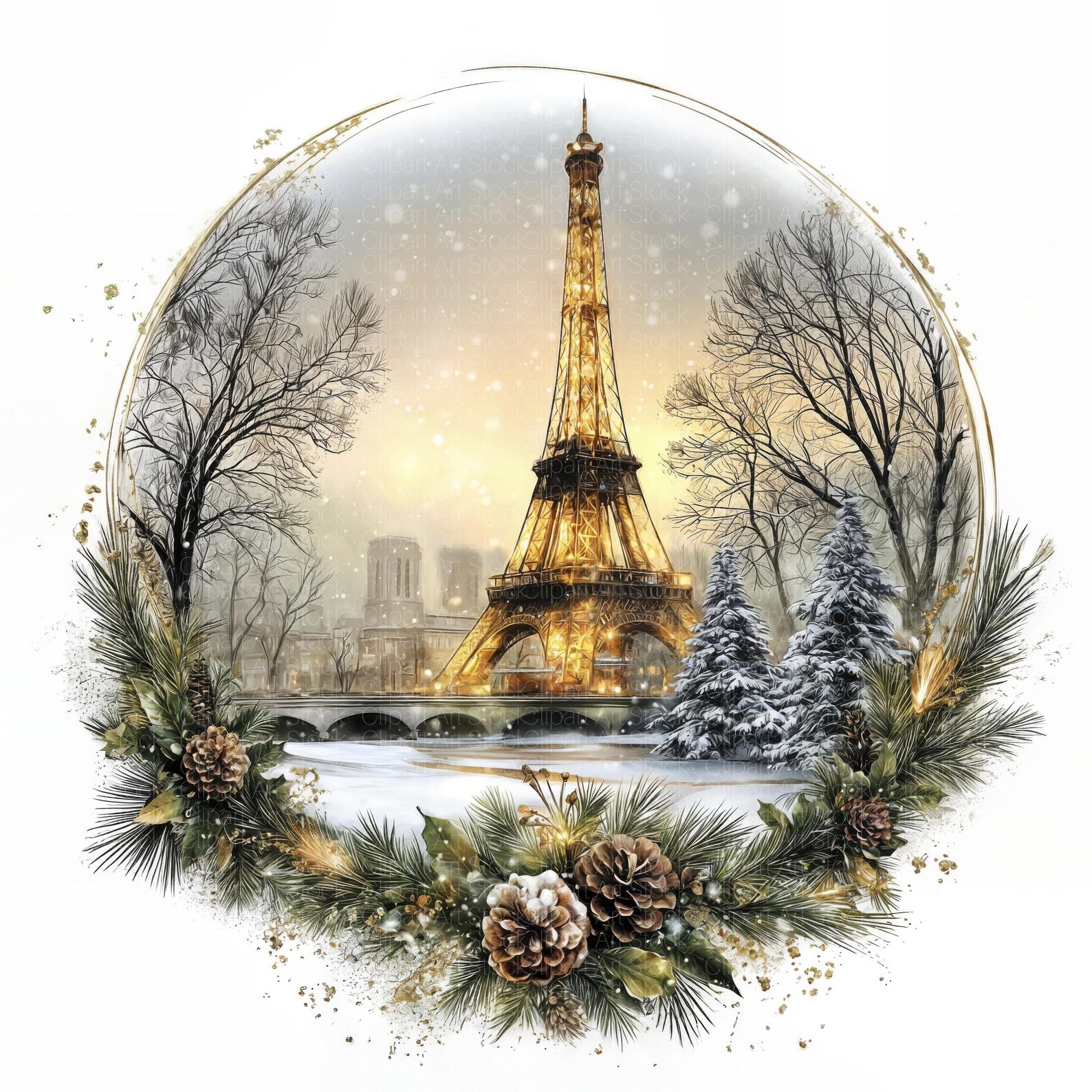 14 Clipart Noël à Paris | Cadres d'hiver Tour Eiffel et couronnes de ...