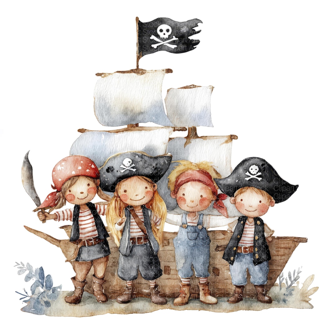 12 Pirate Kids Clipart | Watercolor Pirate Party, Cartoon Illustration ...
