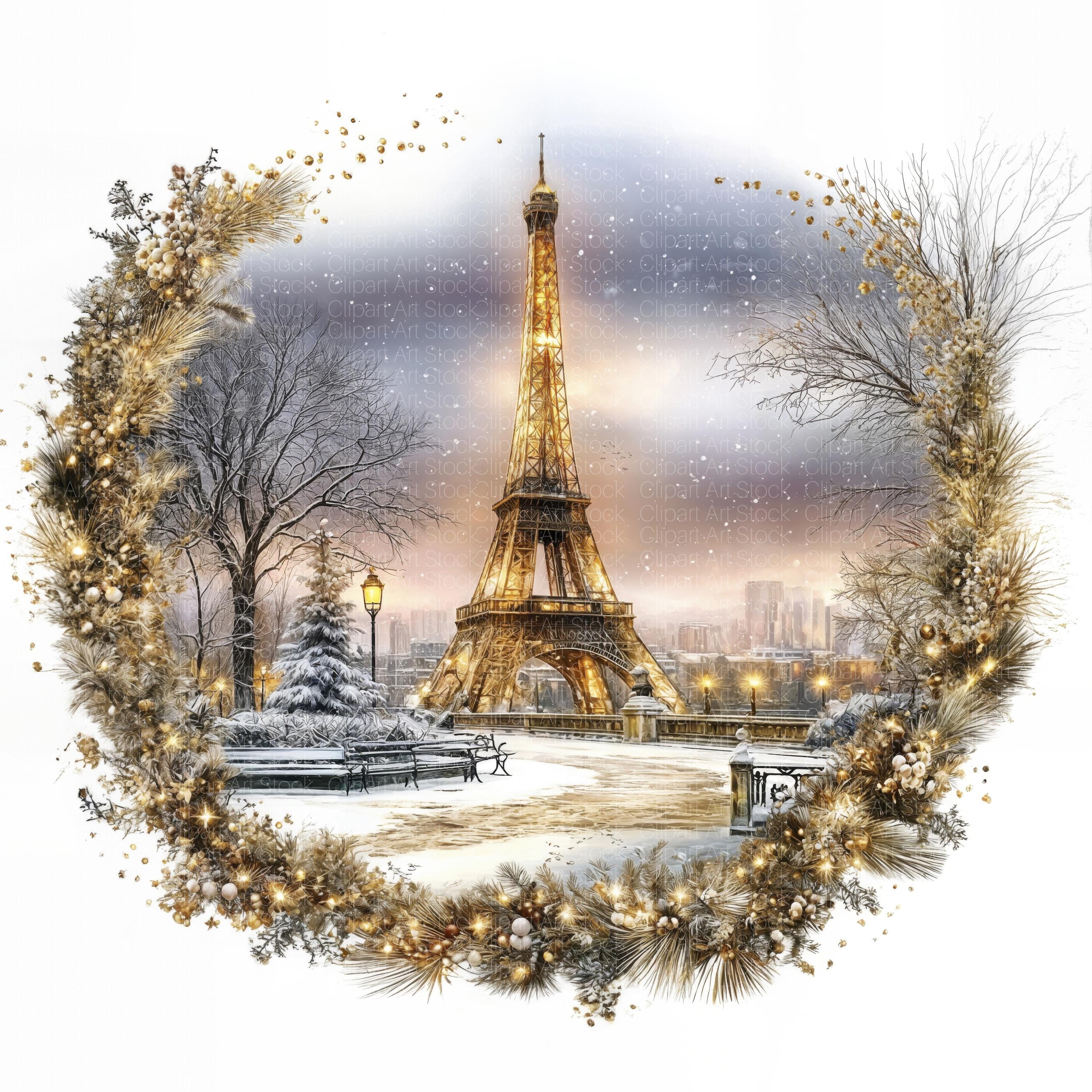 14 Clipart Noël à Paris | Cadres d'hiver Tour Eiffel et couronnes de ...