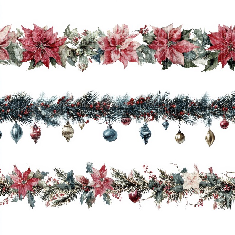 Christmas Border Clipart Set, Winter Evergreen & Ornament Garlands ...