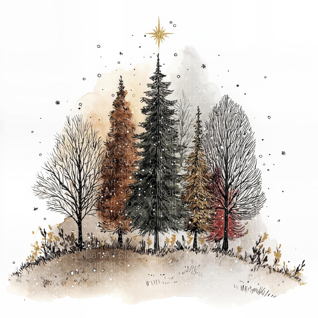 12 Watercolor Winter Forest Clipart JPG | Rustic Trees & Snowy Woodland ...