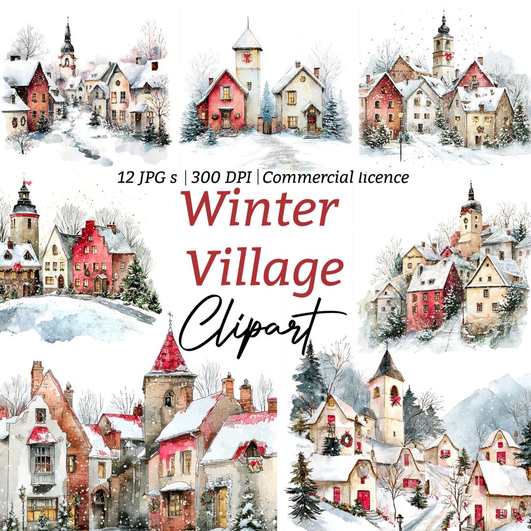 Winter Village Clipart Set | Snowy European Town Watercolor Houses JPG ...