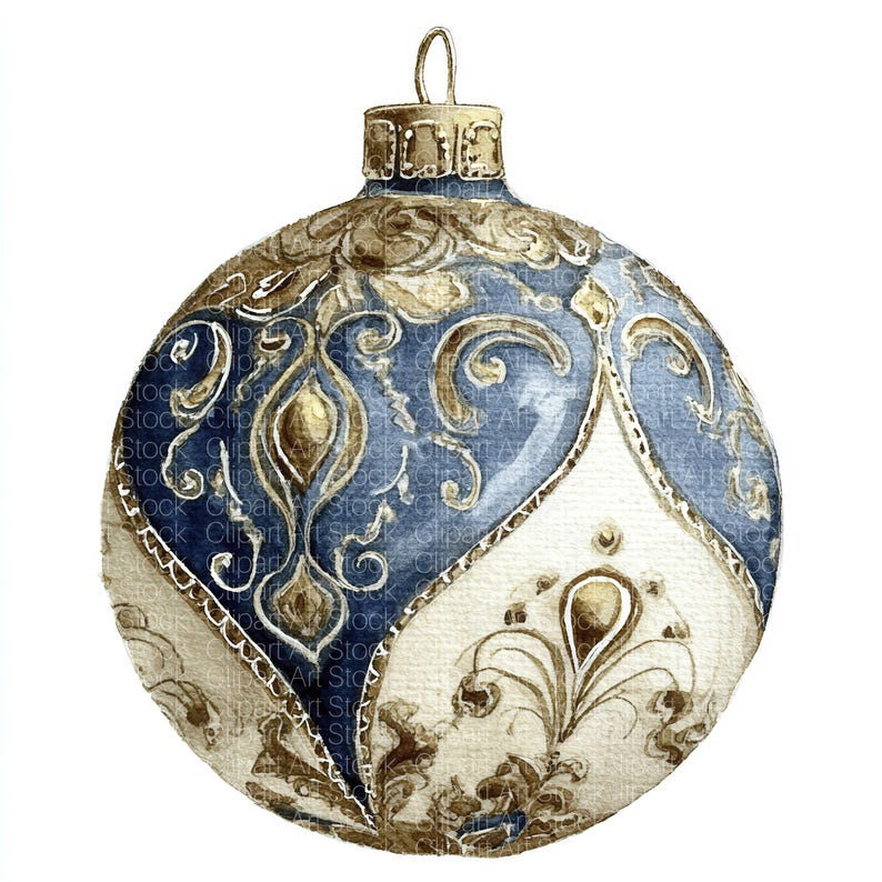 11 Blue & Gold Christmas Ornament Clipart Set | Elegant Watercolor ...