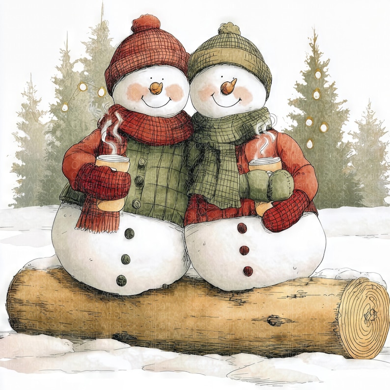 Watercolor Snowman Couple Clipart | Cute Hugging Snowmen Illustration ...