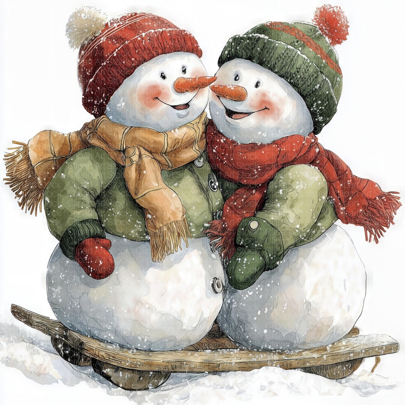 Watercolor Snowman Couple Clipart | Cute Hugging Snowmen Illustration ...
