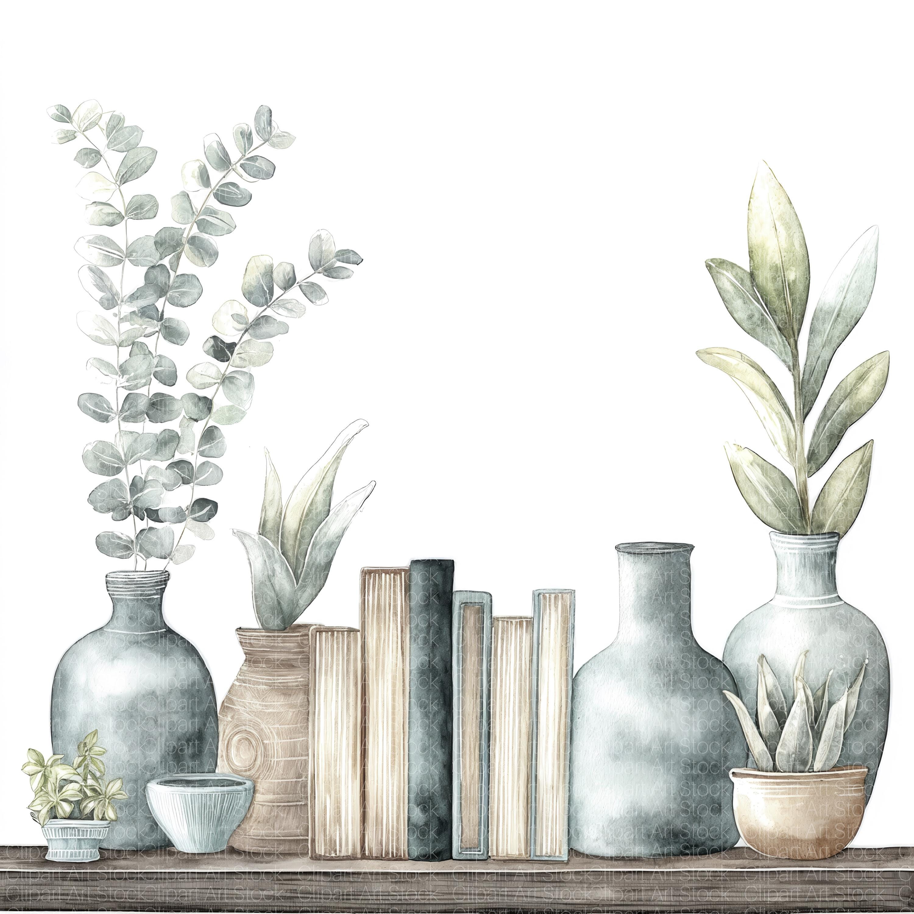 12 Rustic Shelf Decor Clipart | Eucalyptus Vases & Books | Watercolor ...